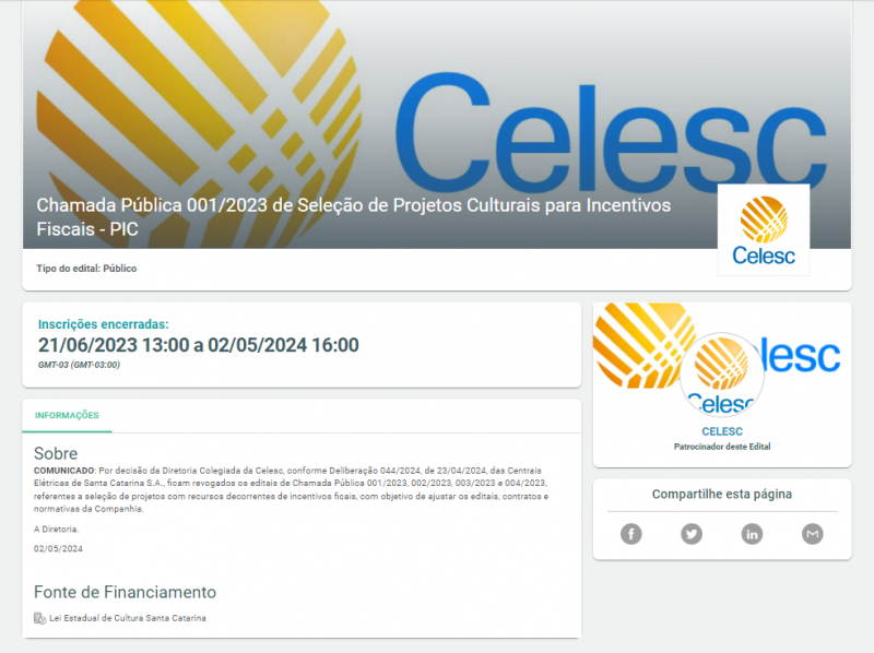 CELESC revoga editais para projetos culturais, esportivos, sociais e de saúde