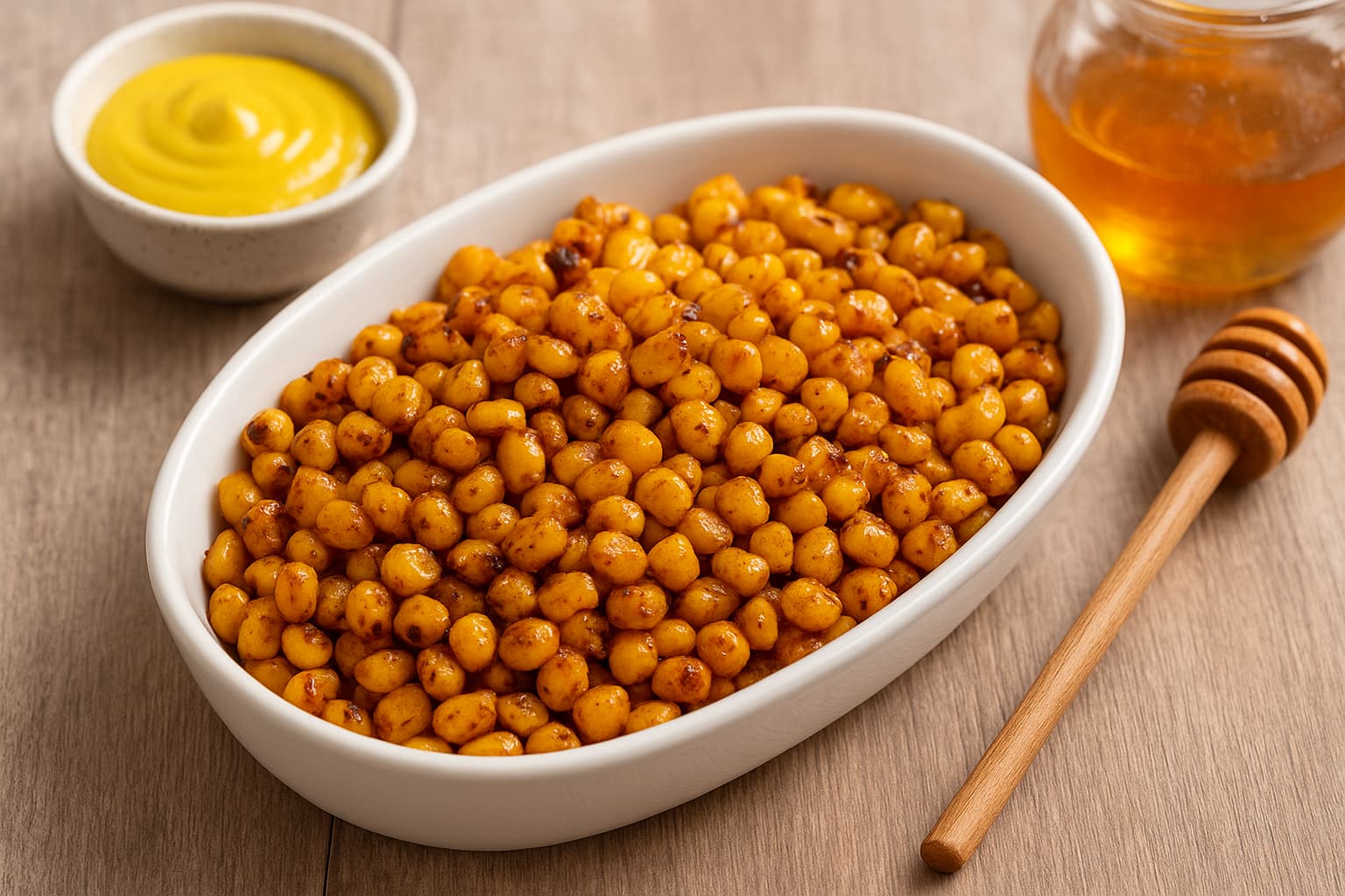 Milho torrado com mostarda e mel: petisco crocante, doce e picante